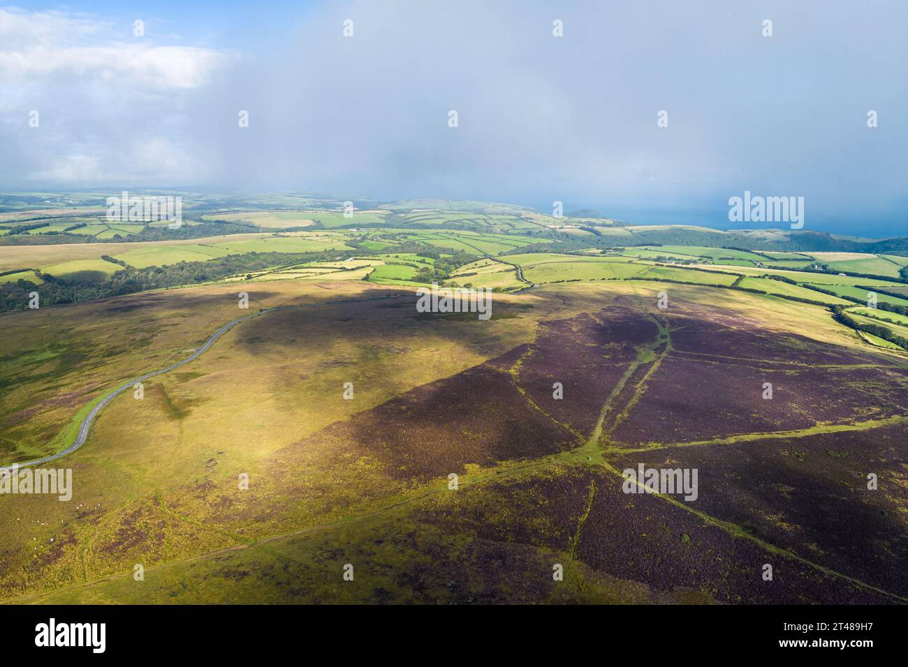 Moorland and Farms from a drone, Exmoor National Park, Devon, England ...