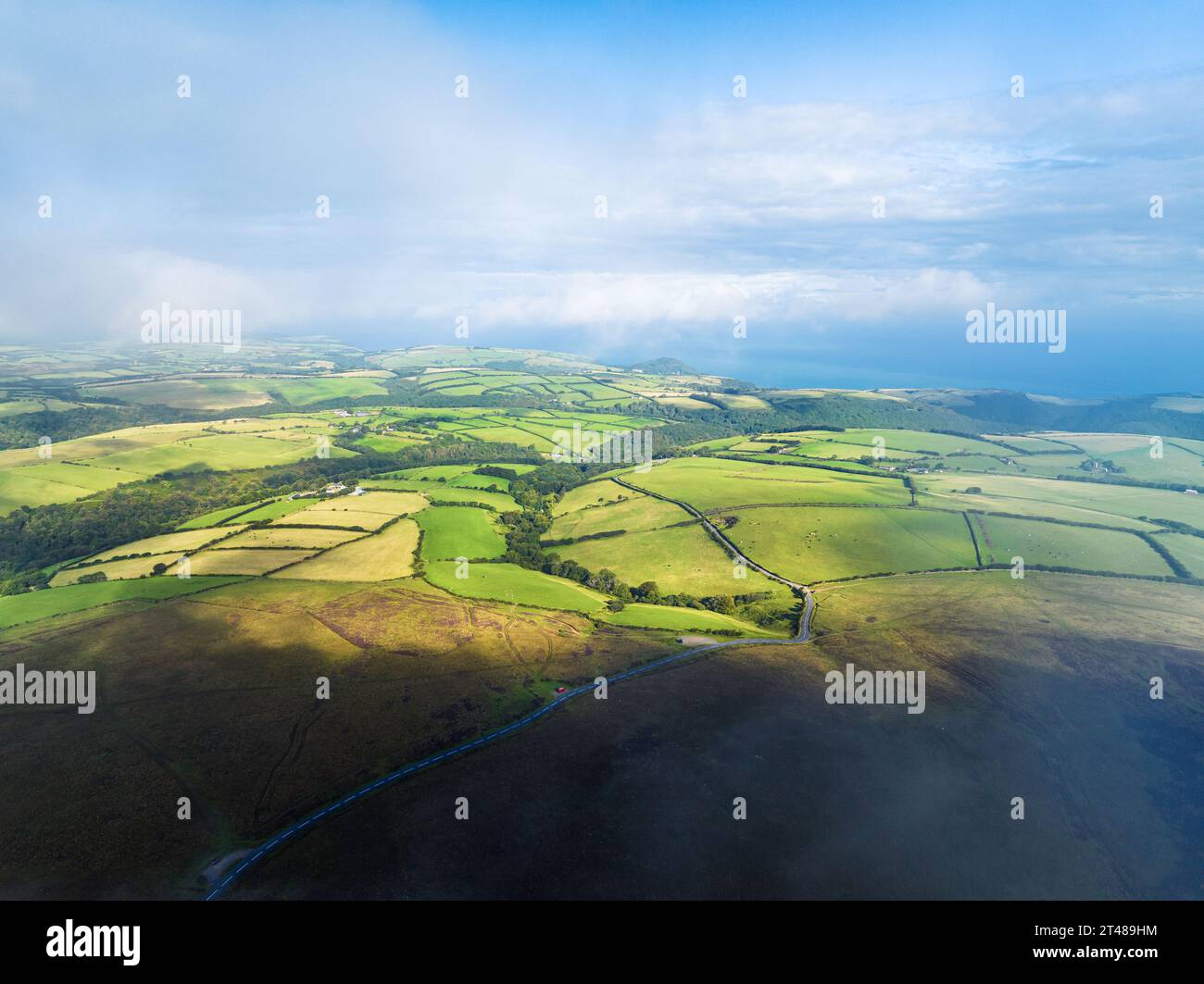 Moorland and Farms from a drone, Exmoor National Park, Devon, England ...