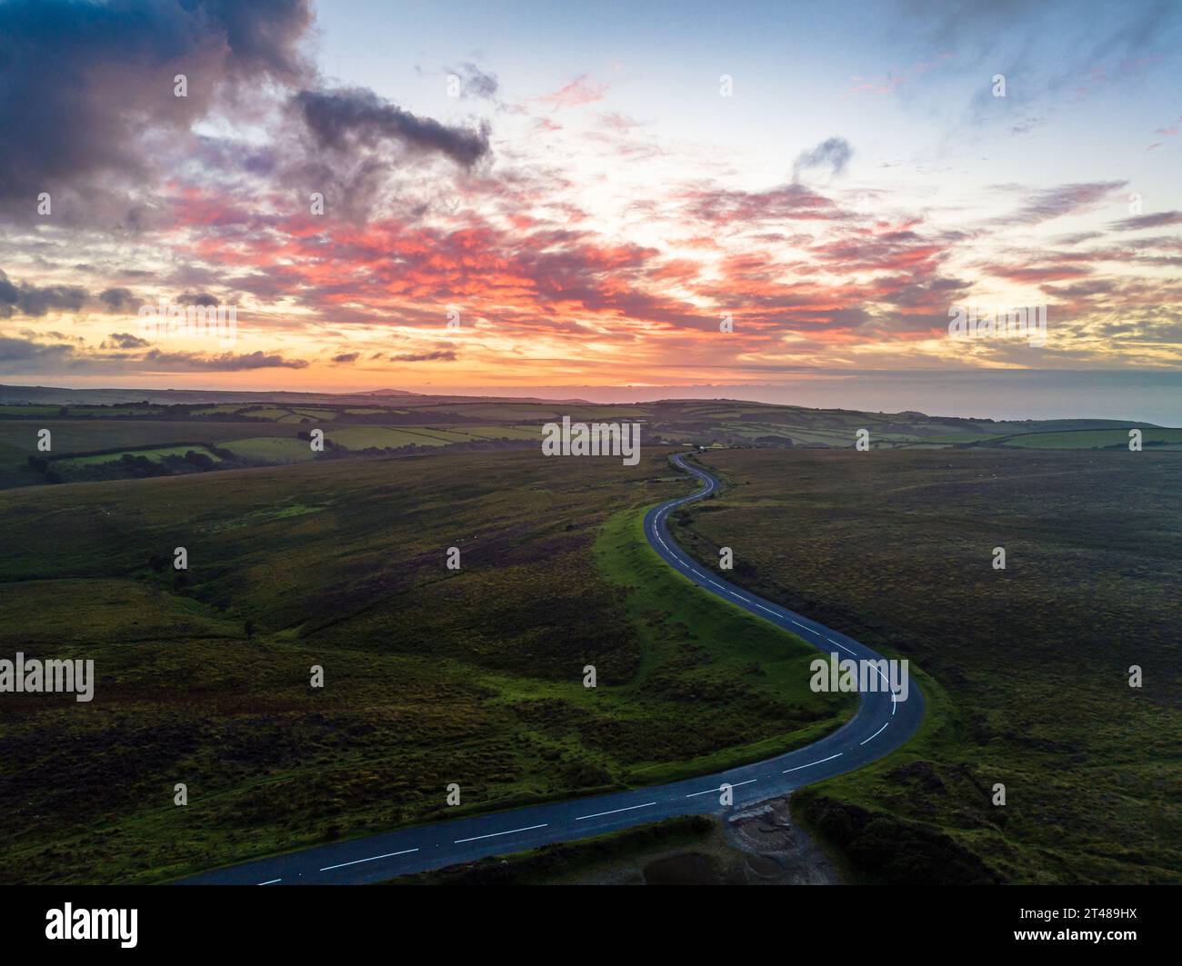 Moorland and Farms from a drone, Exmoor National Park, Devon, England ...