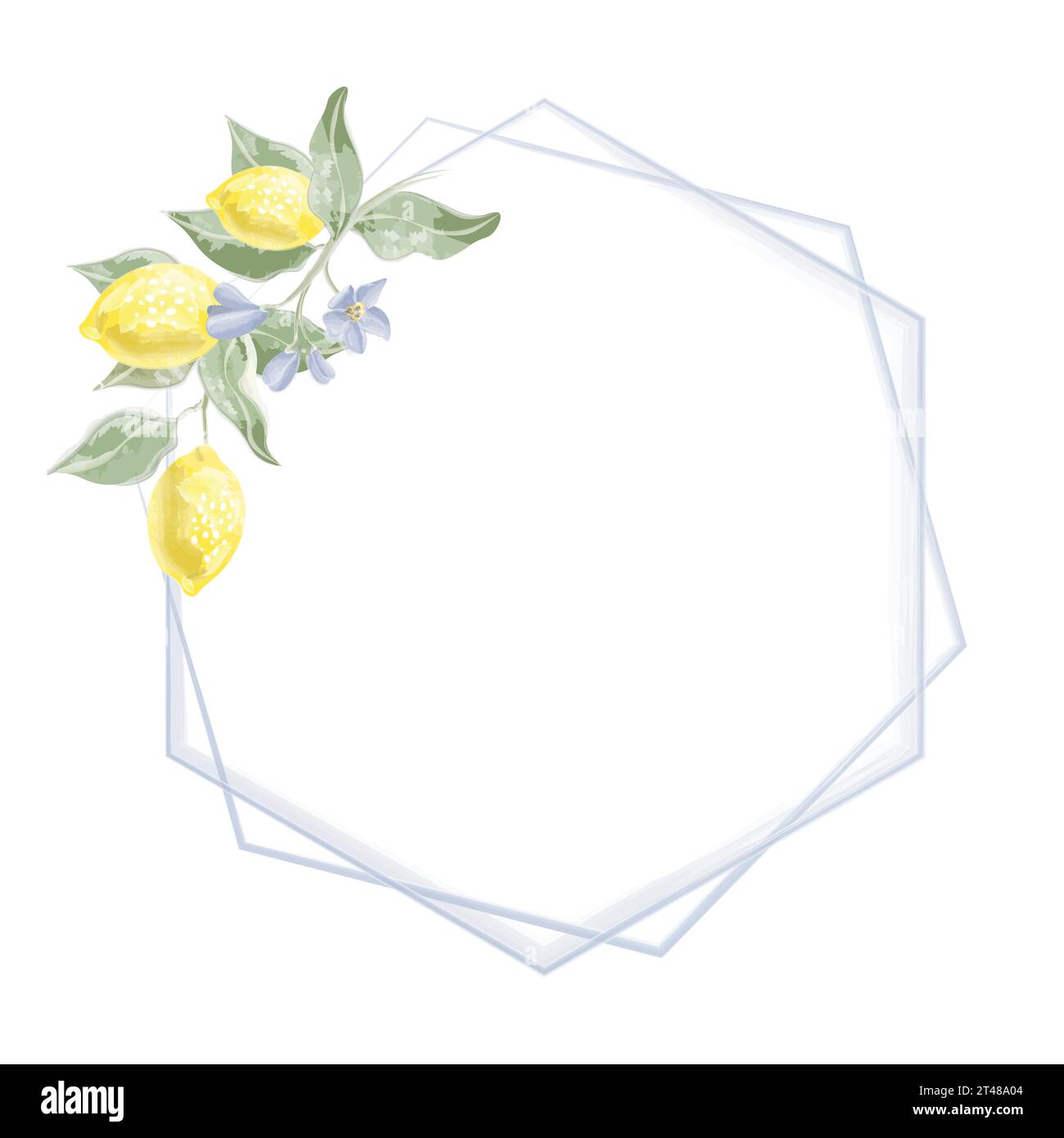 blue hexagon frame with decoration of lemon branches with lemons vector ...