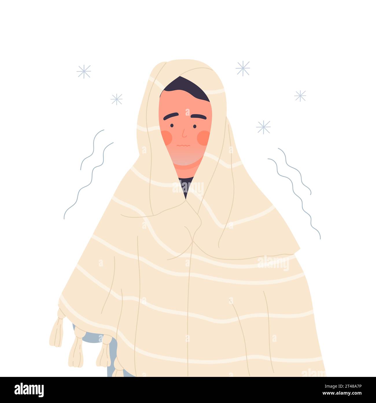 Freezing boy covered with blanket. Boy shivering under snowing weather ...