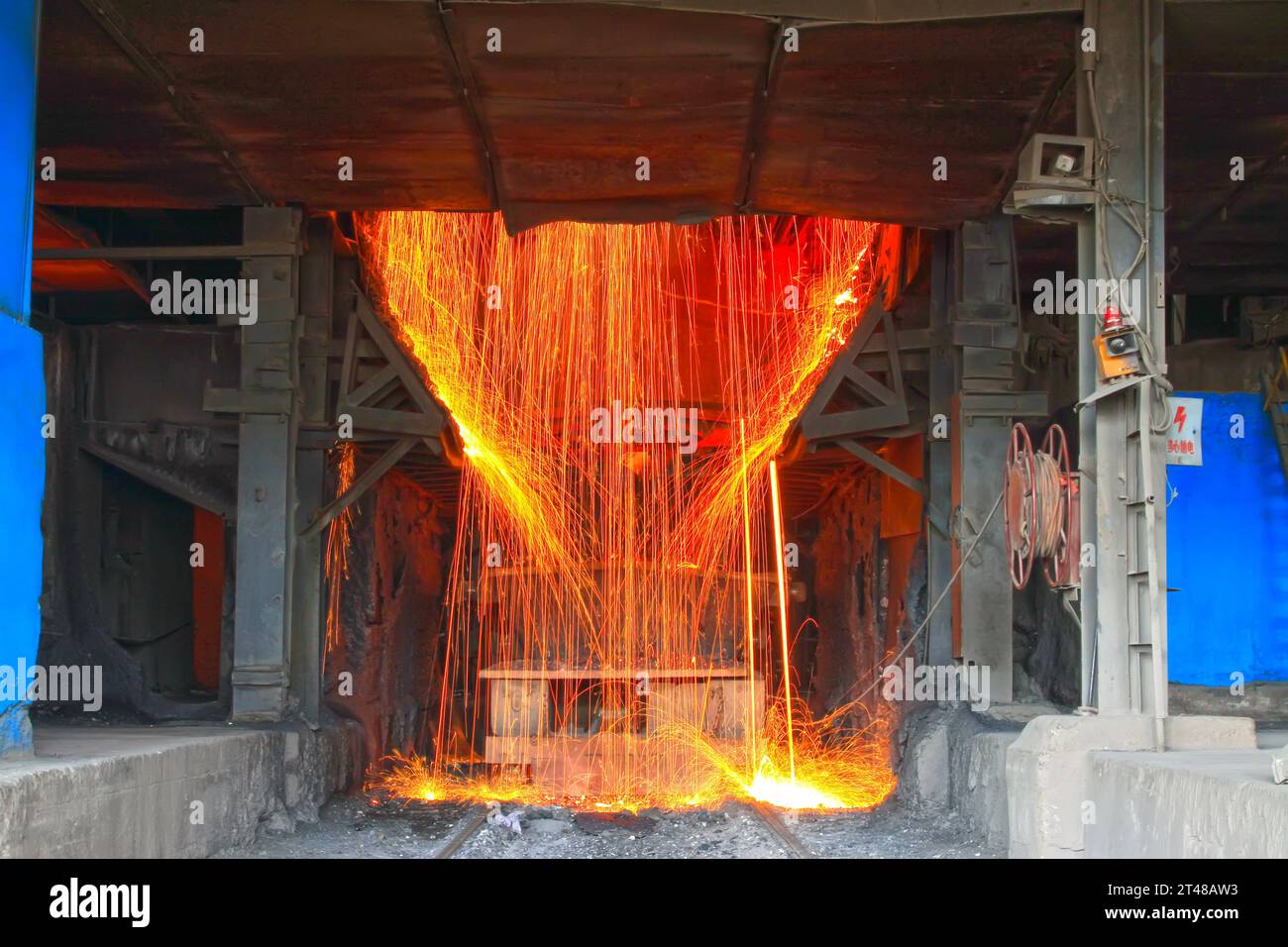 TANGSHAN - JUNE 20: converter dumping steel slag in iron and steel co ...