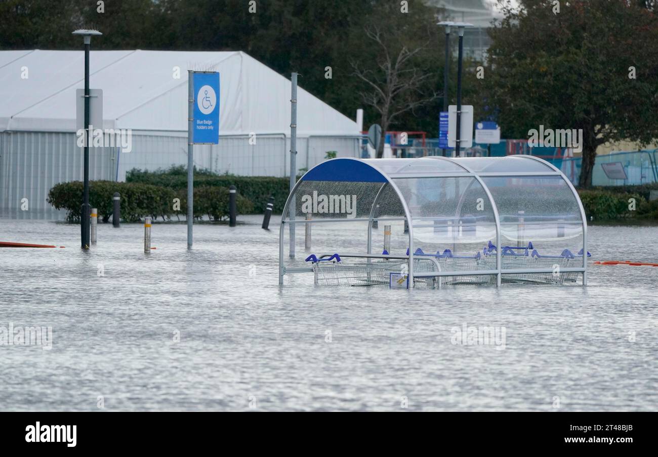 Flood water in the Tesco car park in Bognor Regis, West Sussex, after ...