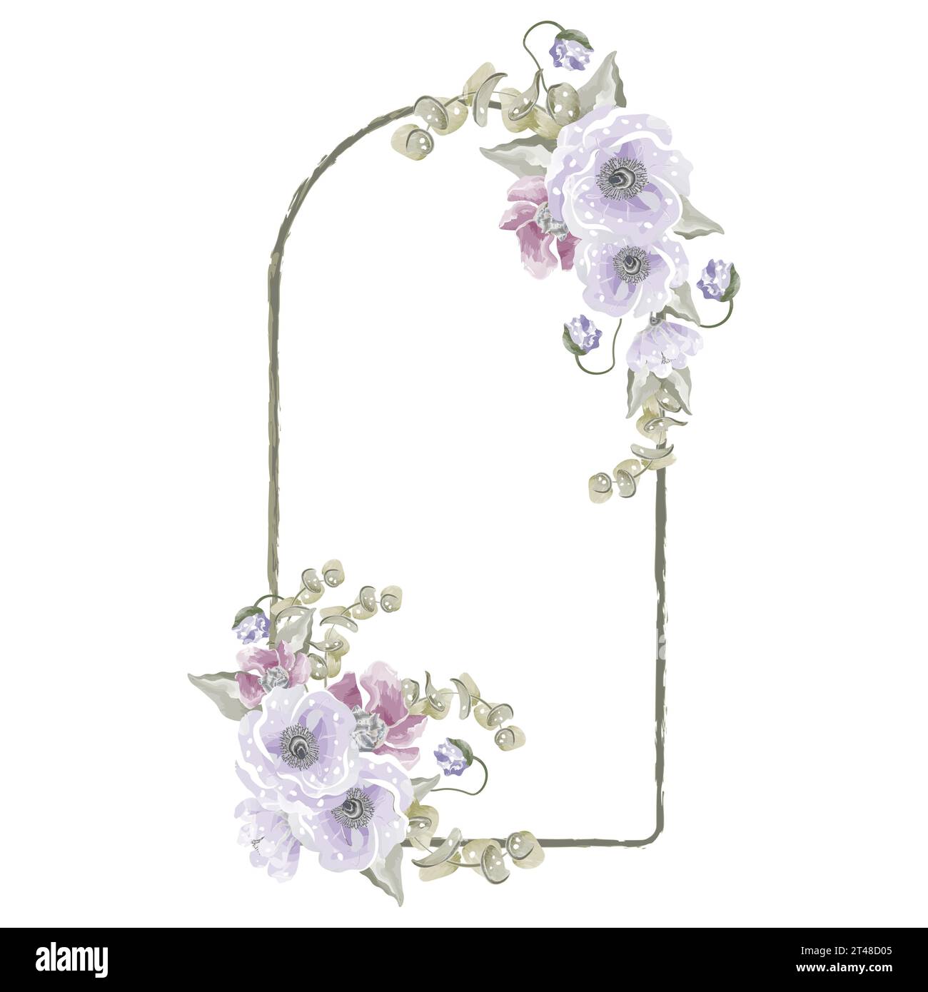 frame arch banner with composition of watercolor purple flowers in ...