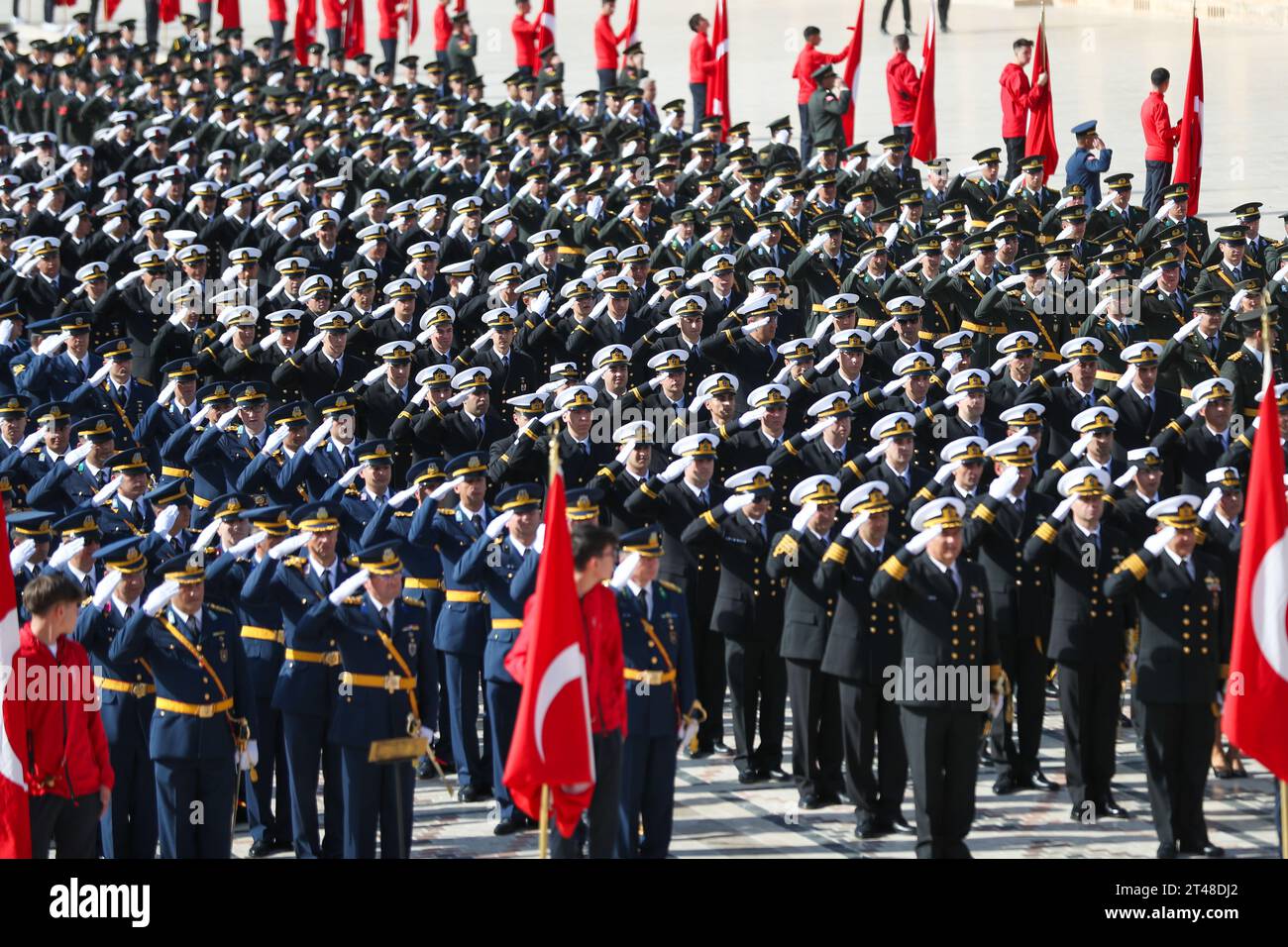 Ankara, Turkey. 29th Oct, 2023. Soldiers give a military salutes to the ...
