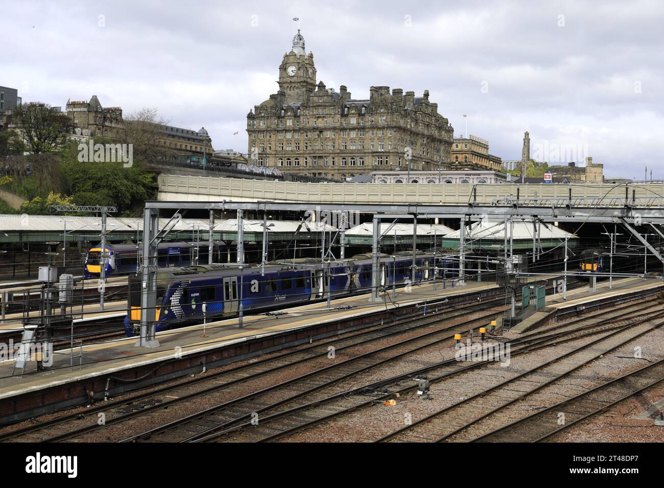 Scotrail trains at Edinburgh Waverley station; Edinburgh City, Scotland ...