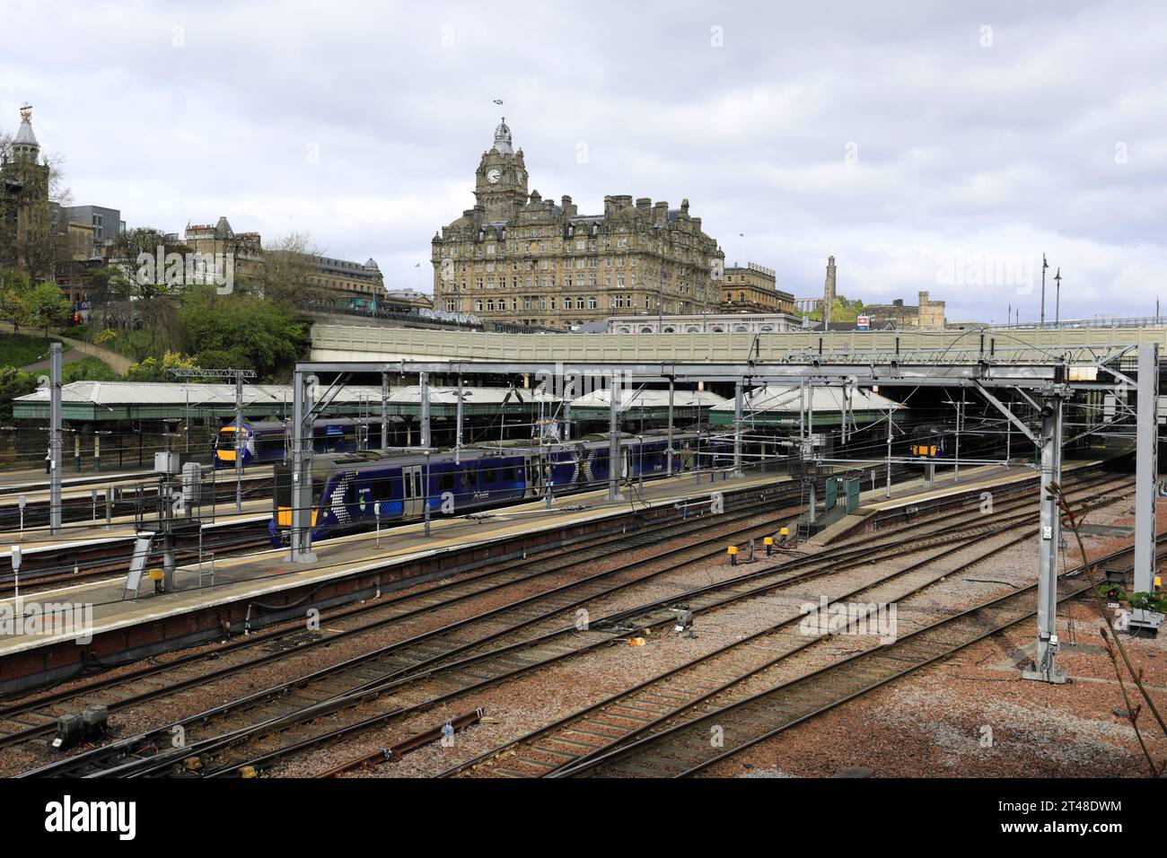 Scotrail trains at Edinburgh Waverley station; Edinburgh City, Scotland ...