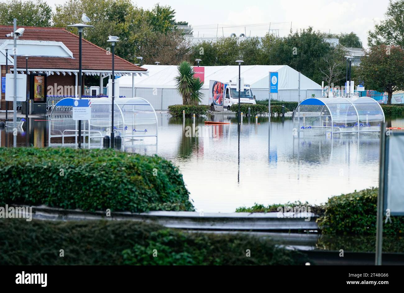 A view of the flooded car park at a Tesco store in Bognor Regis after ...
