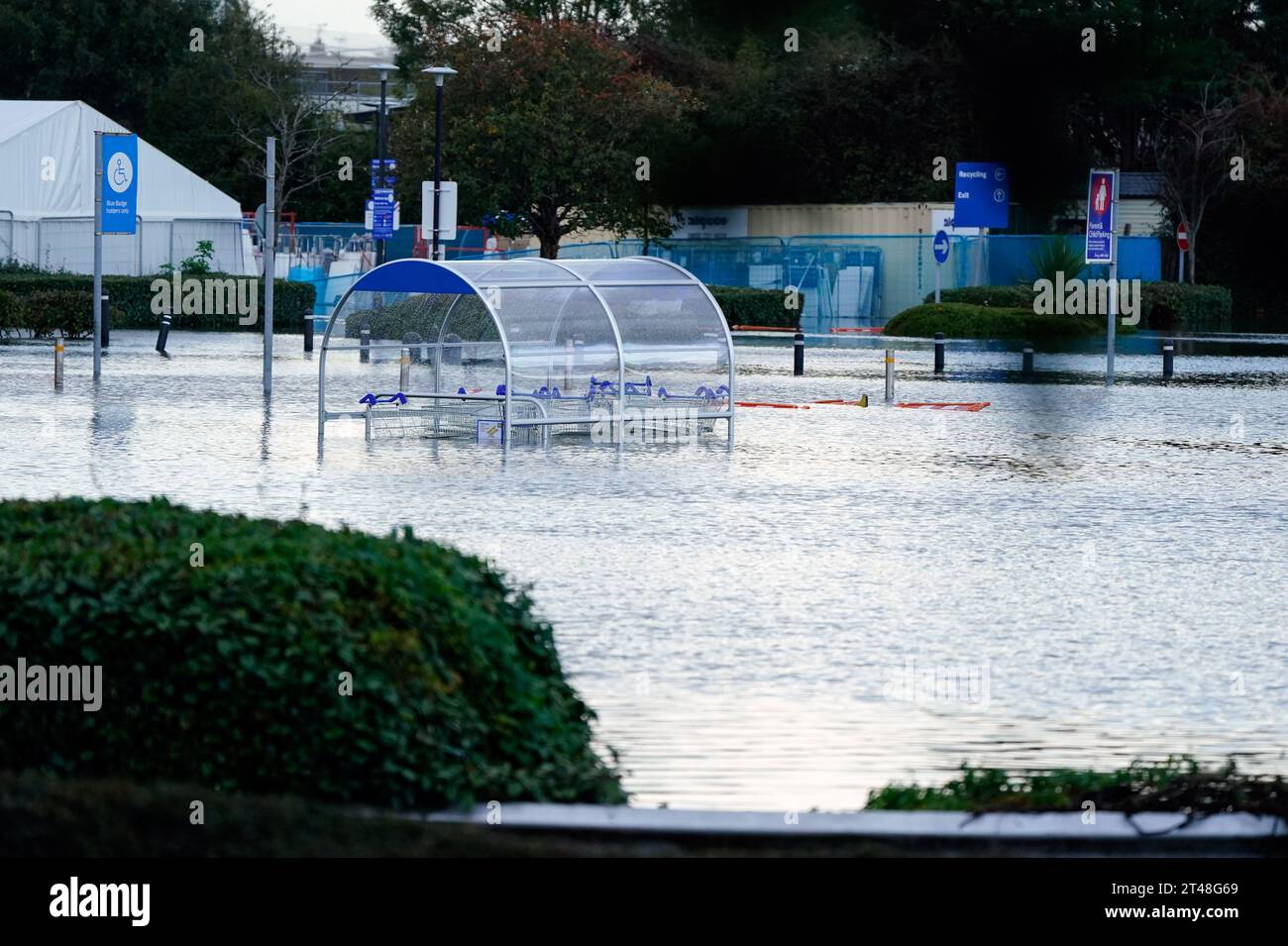 A view of the flooded car park at a Tesco store in Bognor Regis after ...