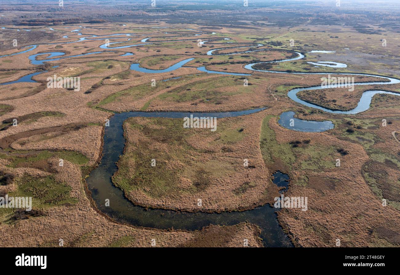 Aerial view of winding river bed with ducts. Flying above swampy plain ...