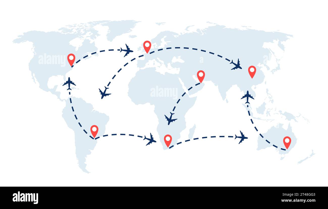 World Travel Map With Airplanes Flight Routes And Pins Marker Vector