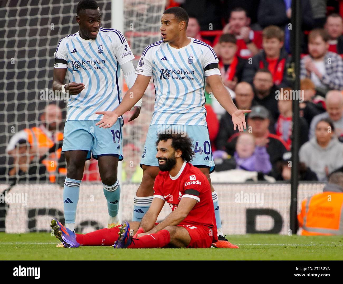 Nottingham Forest's Murillo (top right) reacts after fouling Liverpool ...