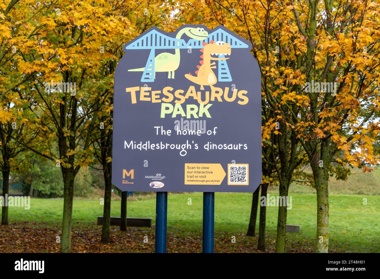 Middlesbrough, UK. October 27th 2023. Entrance sign at Teessaurus Park ...