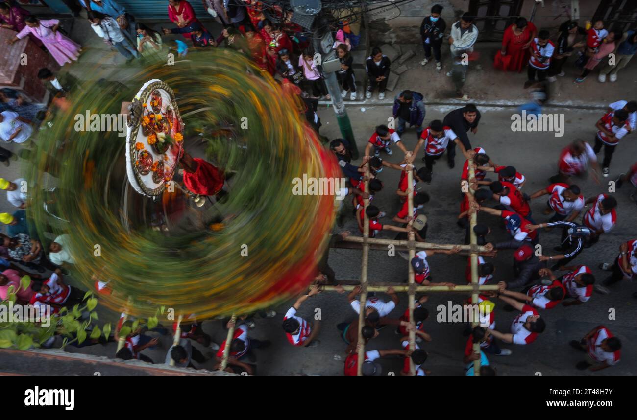 Kathmandu, Bagmati, Nepal. 29th Oct, 2023. People rotate a traditional ...