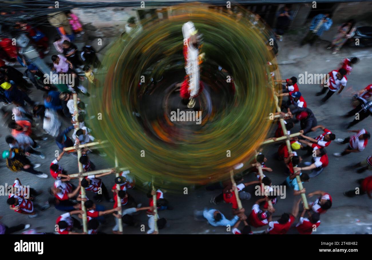 Kathmandu, Bagmati, Nepal. 29th Oct, 2023. People rotate a traditional ...