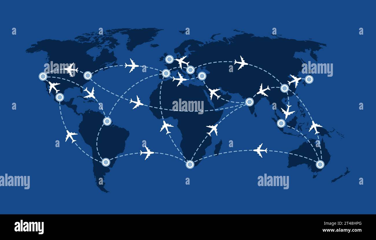 World Travel Map With Airplanes Flight Routes And Pins Marker Vector