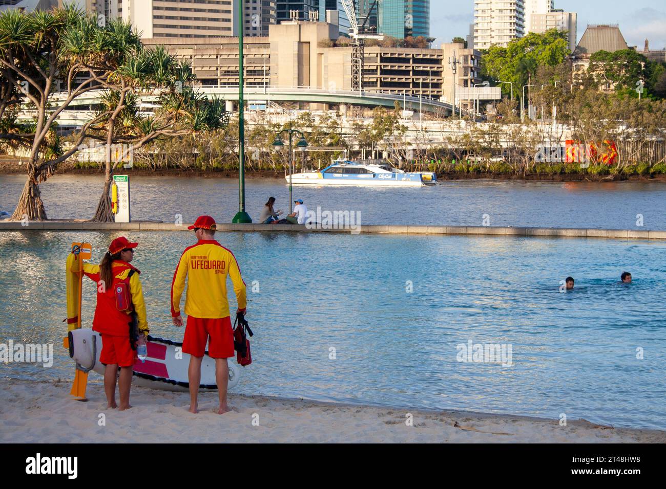 Lifeguards watch over Streets Beach on Brisbane's South Bank, Brisbane ...