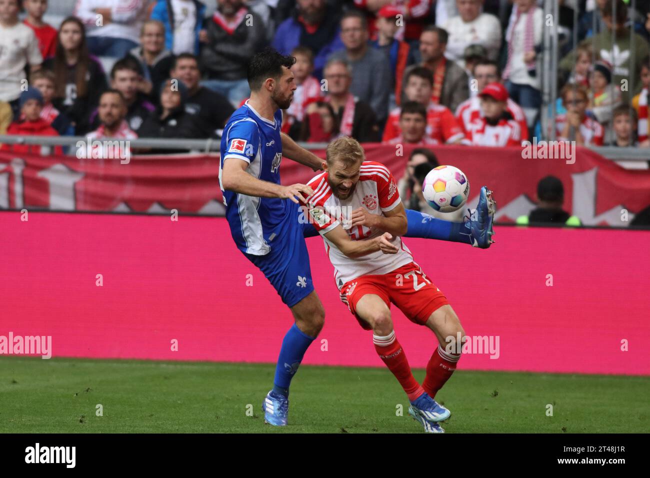MUNICH, Germany. , . 27 Konrad LAIMER of Fc Bayern vs 24 Luca PFEIFFER ...