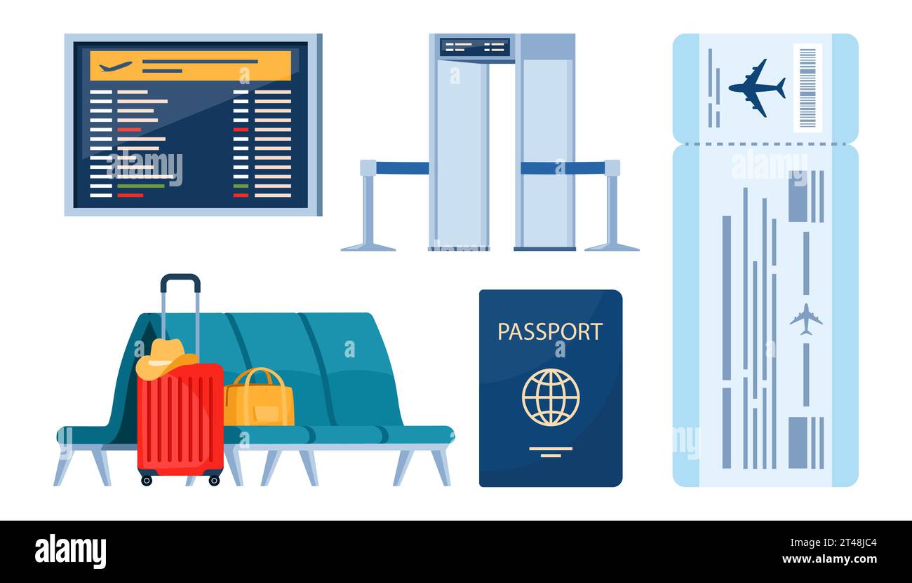 Airport terminal design elements. Traveling by plane, set of objects ...