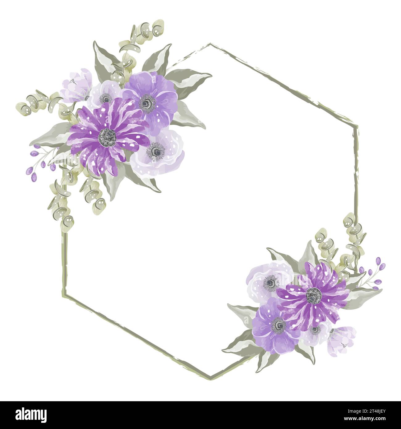 green hexagon frame with purple flowers in the corners watercolor ...