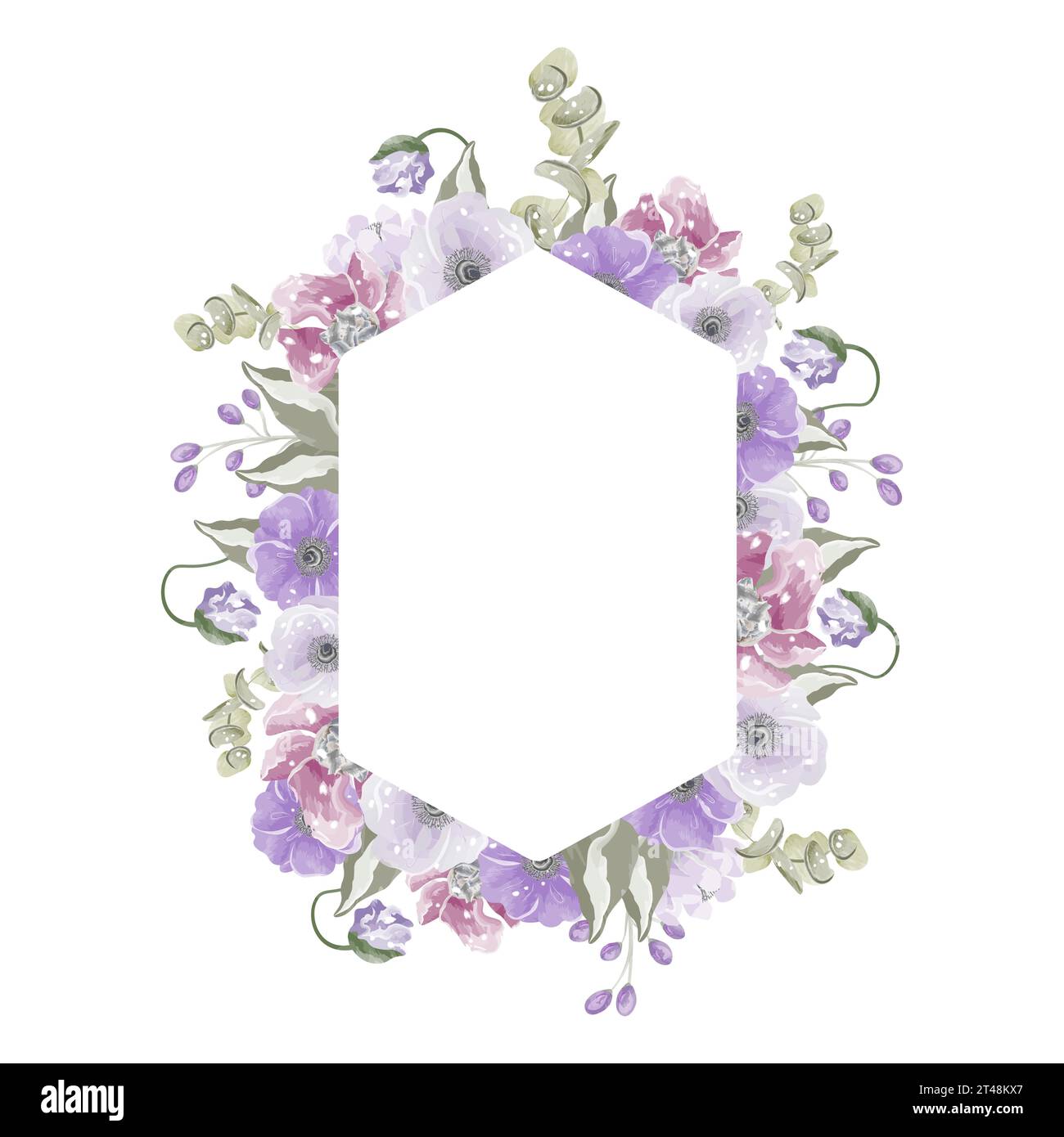 hexagonal banner with purple flowers in outline watercolor style Stock ...