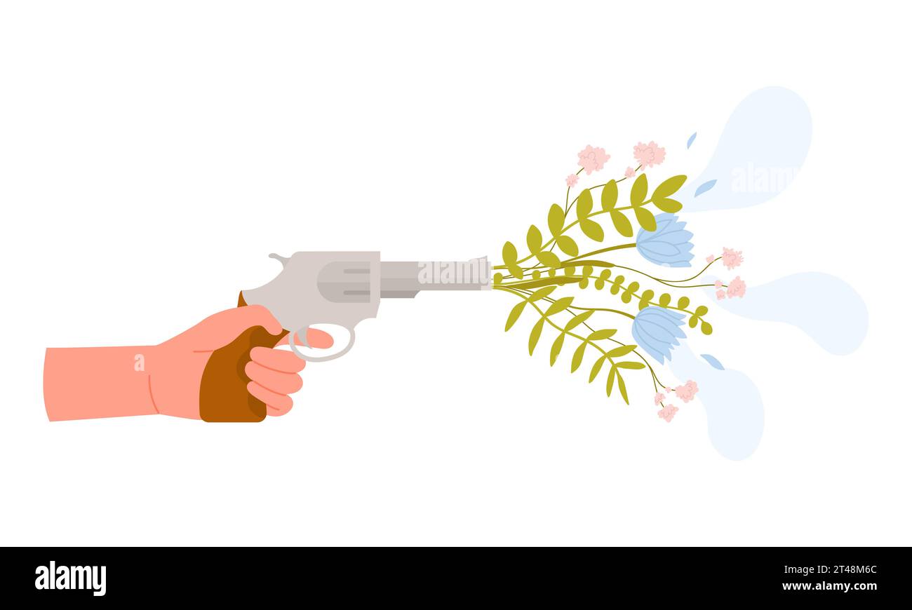 Revolver shooting flowers. Weapon shoots flowers, spreading love and ...