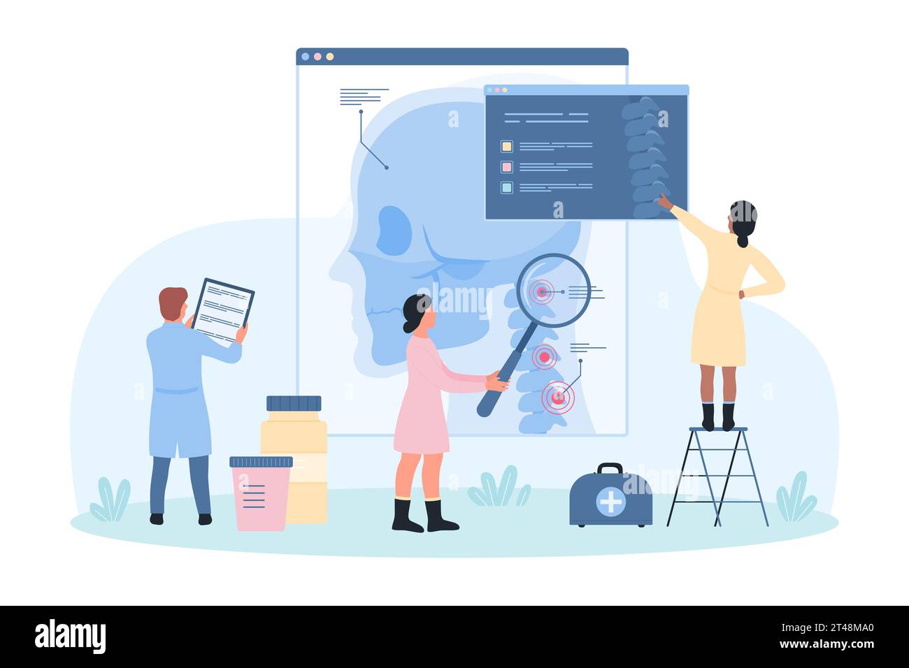 Orthopedic patients consultation due to neck pain vector illustration ...