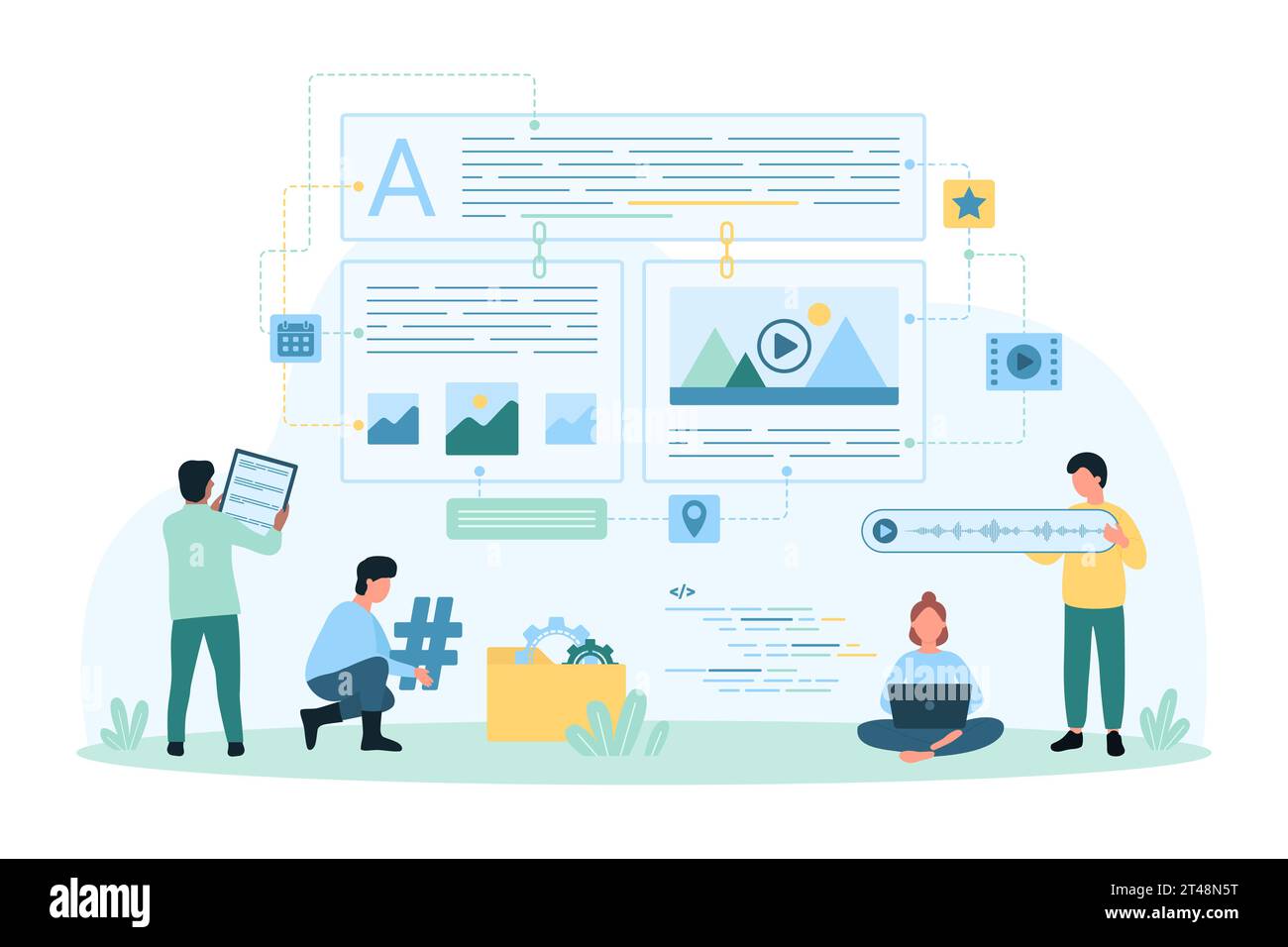 Blog content management and creation vector illustration. Cartoon tiny ...