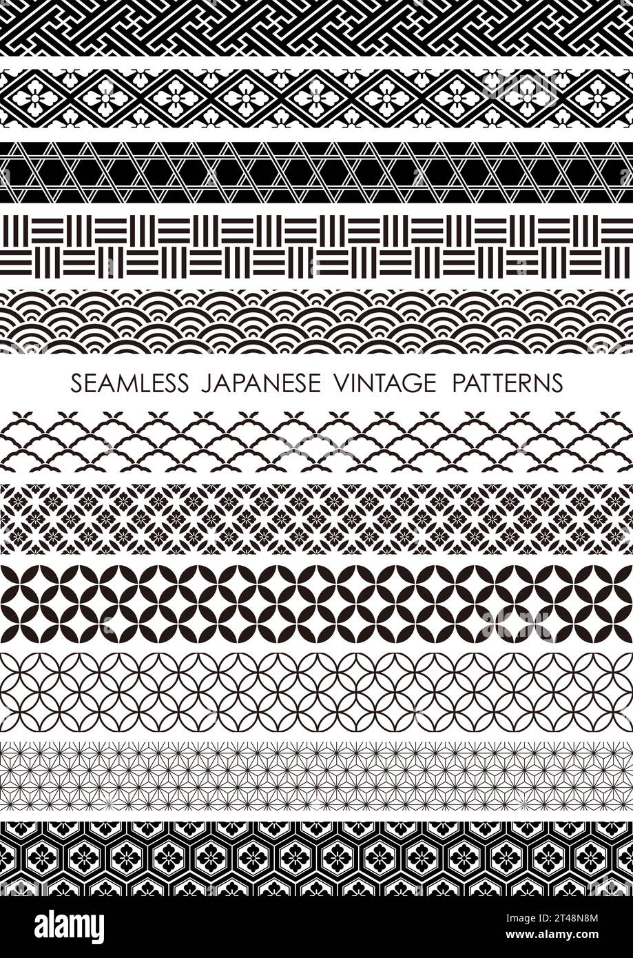 Set Of Japanese Monochrome Vintage Seamless Borders. Vector ...
