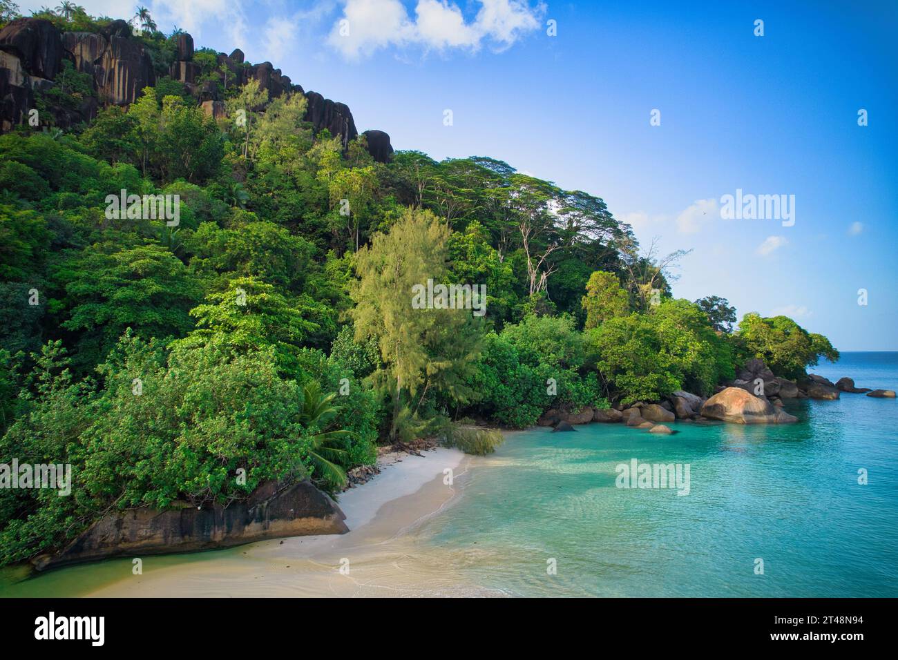 Drone bird eye view at Anse solei beach, bridge over river within forest Mahe Seychelles Stock ...