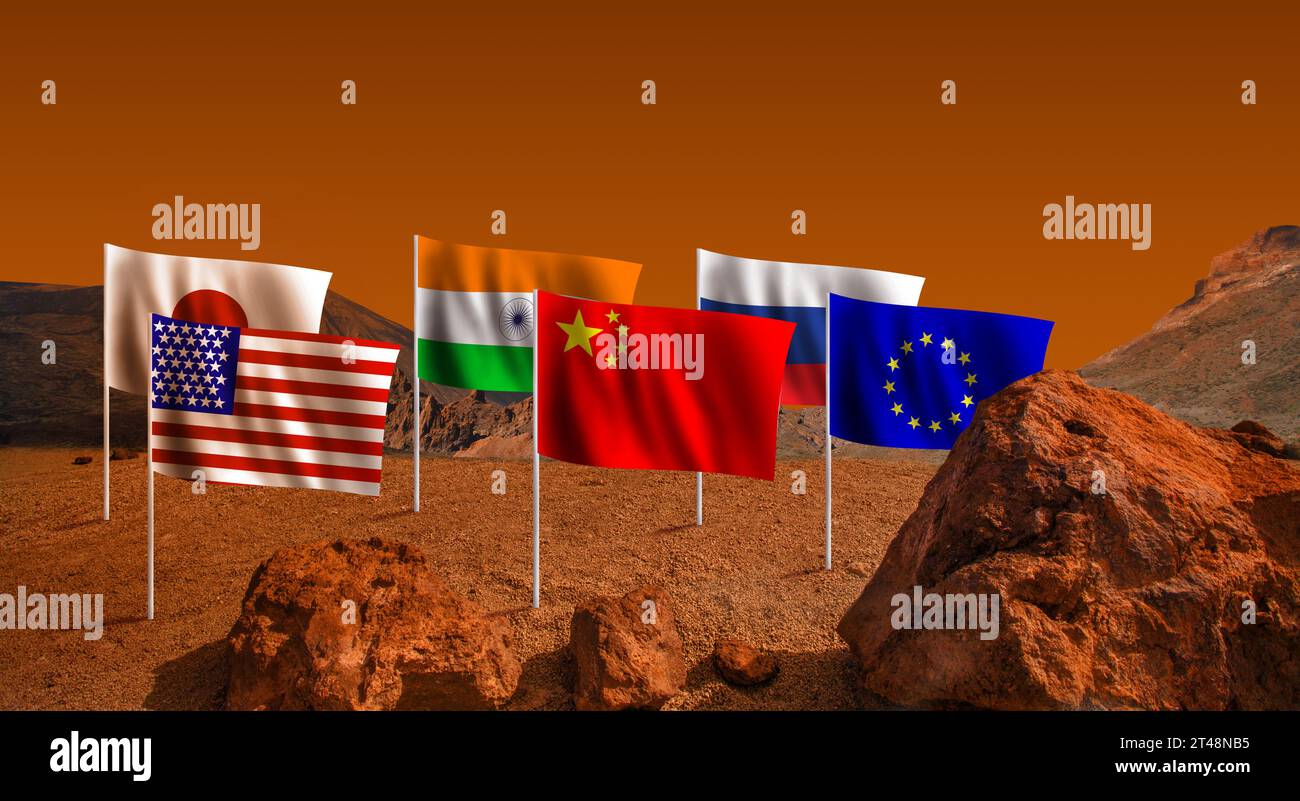Flags on red Mars planet background. Exploration and science fiction ...