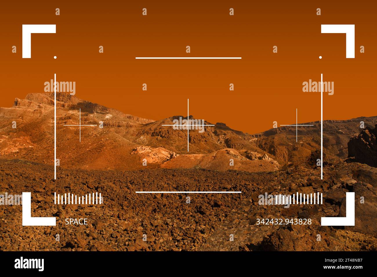View of red planet landscape with stone, sand and red sky through ...