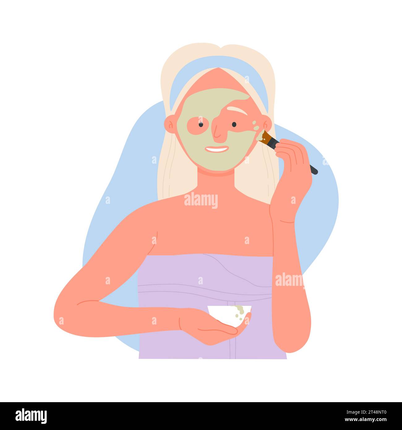 Girl applying clay face mask with brush. Facial mask treatment, beauty skin care cartoon vector ...