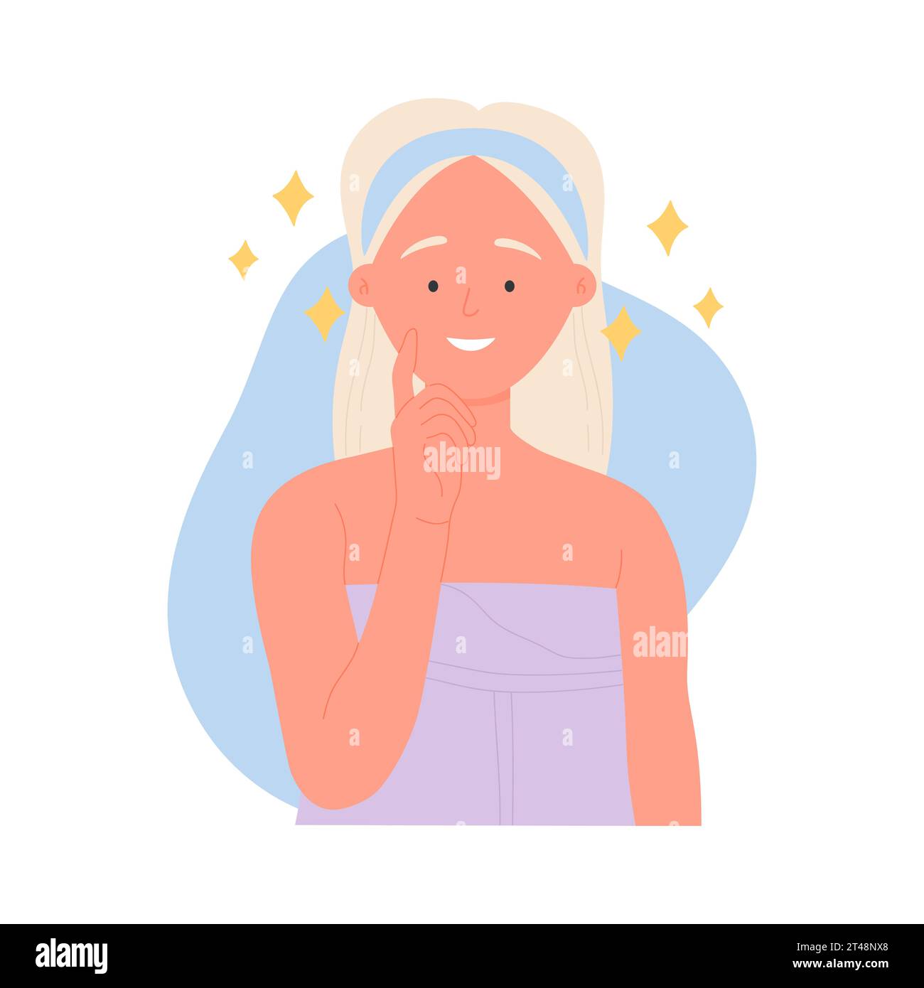 Happy girl with glowing face skin. Beauty facial care routine, treatment mask cartoon vector ...