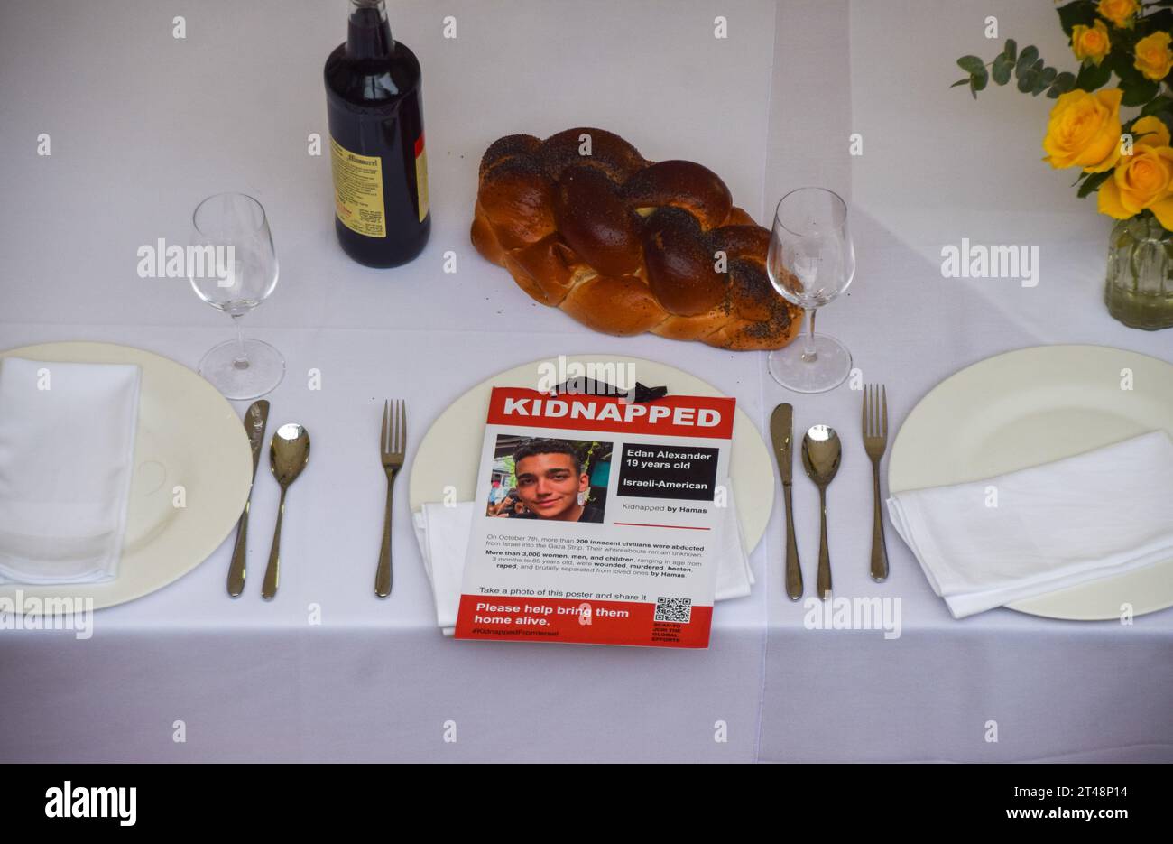 London, UK. 29th October 2023. The Empty Shabbat Table installation for ...