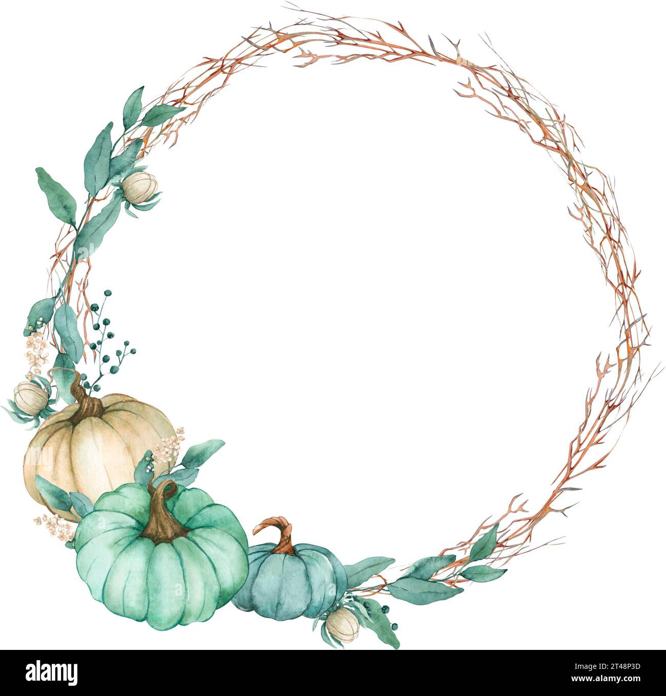 Watercolor circle frame with pumpkins, branches and leaves. Boho Stock ...