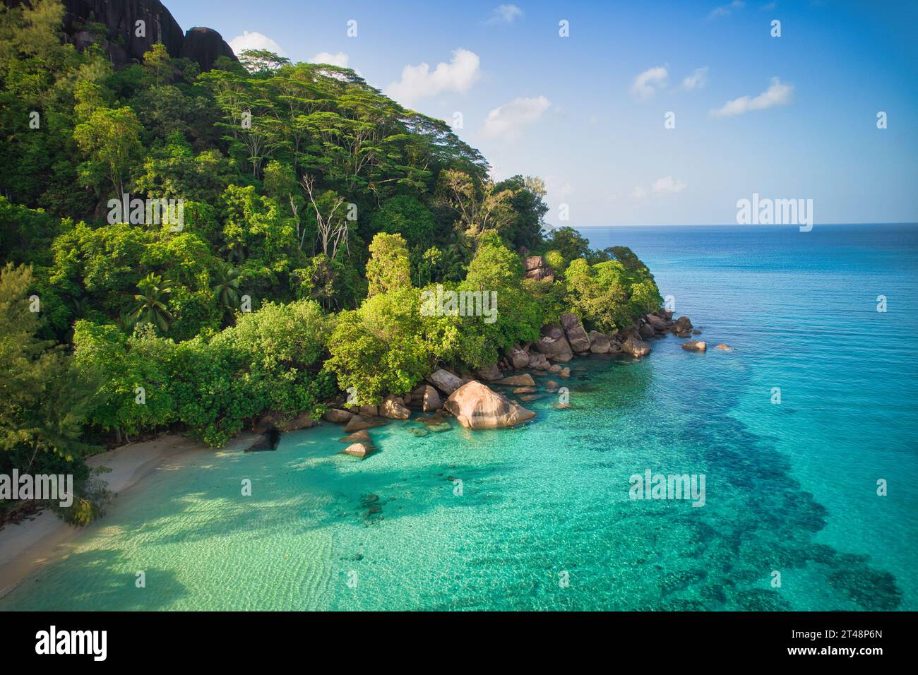 Drone bird eye view at Anse solei beach, bridge over river within forest Mahe Seychelles Stock ...