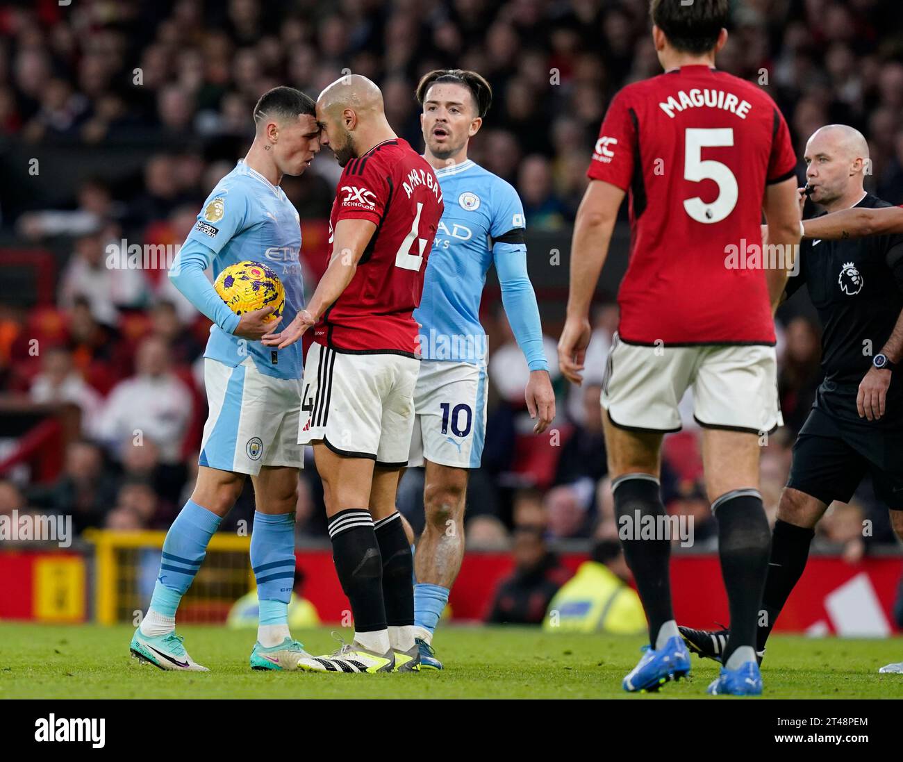 Manchester, UK. 29th Oct, 2023. Phil Foden of Manchester City and Sofyan Amrabat of Manchester ...