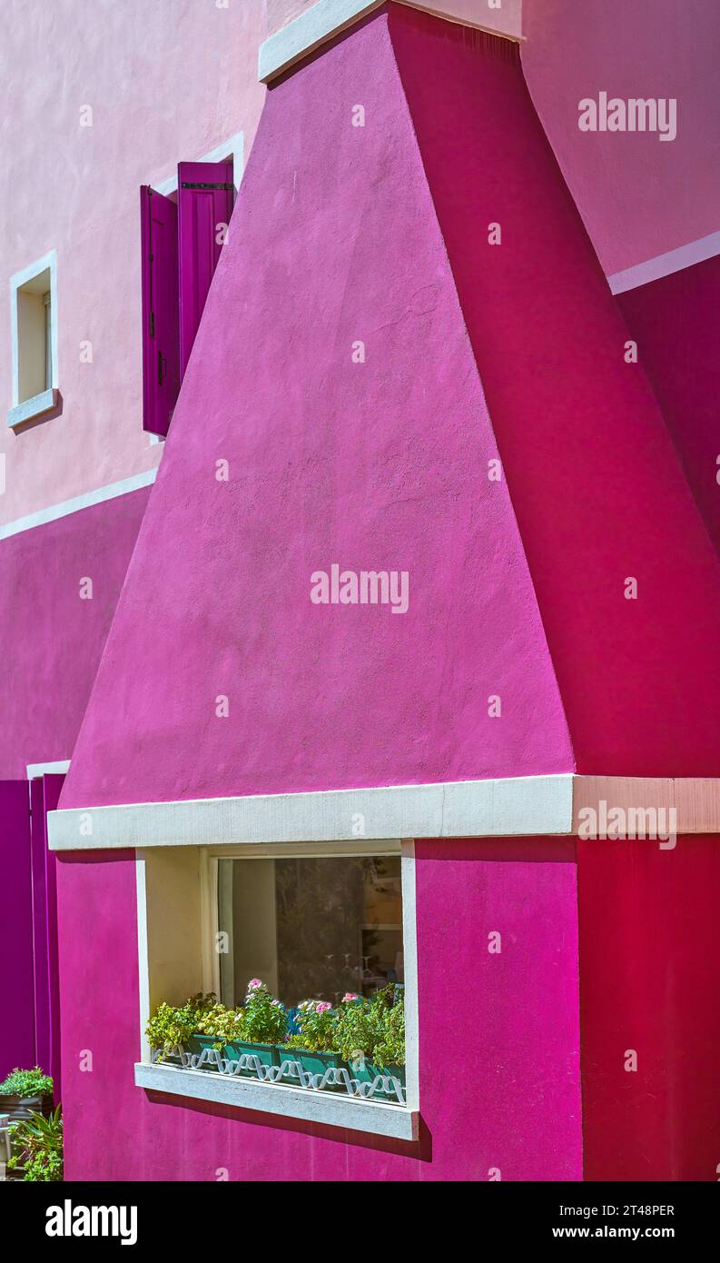 Caorle, Italy, detaail of the typical colorful houses and shops of the ...