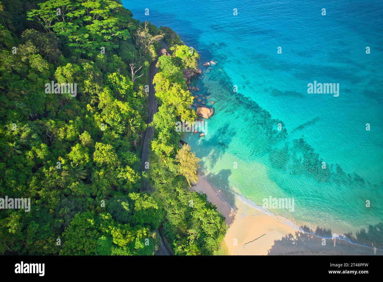 Drone bird eye view at Anse solei beach, bridge over river within forest Mahe Seychelles Stock ...