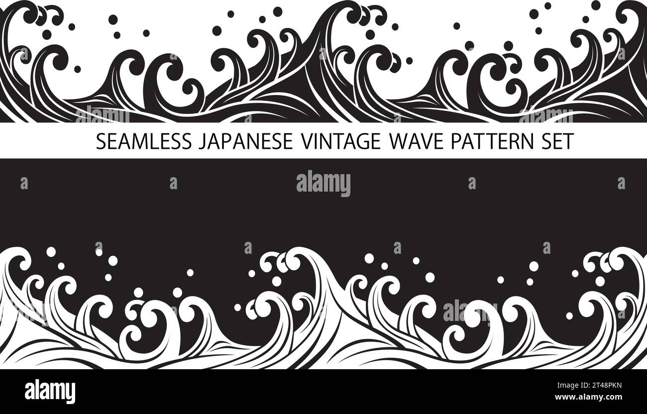 Japanese Vintage Seamless Wave Pattern With Text Space Set. Vector ...