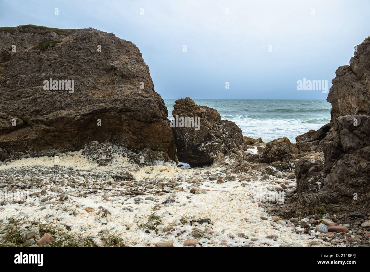 Water and sea foam on the dolomite rocks in Arches Provincial Park in ...