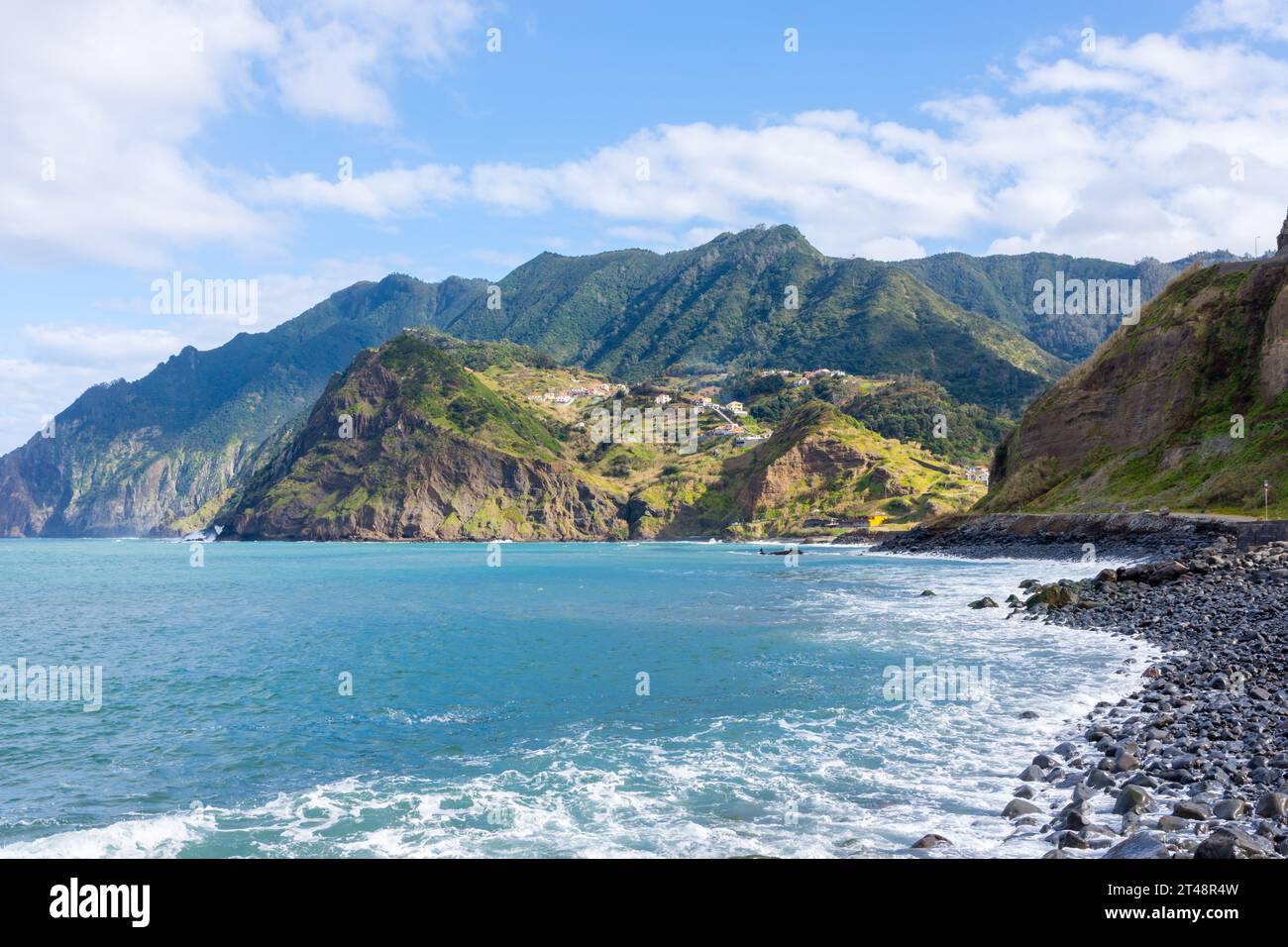 Coastal village of Porto da Cruz in the northeastern corner of Madeira ...