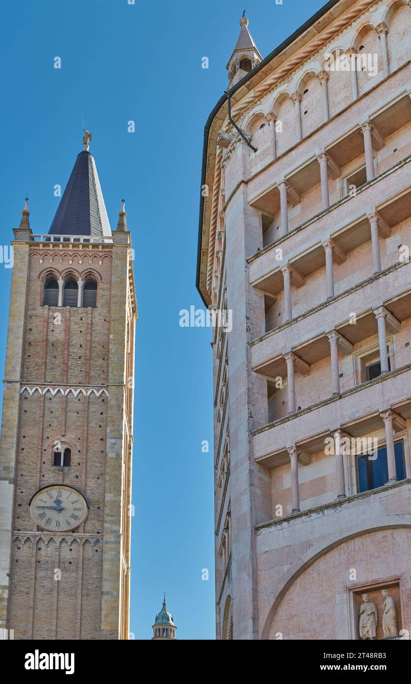 Parma, Italy, the Cathedral bell tower and the octagonal Baptistery of ...