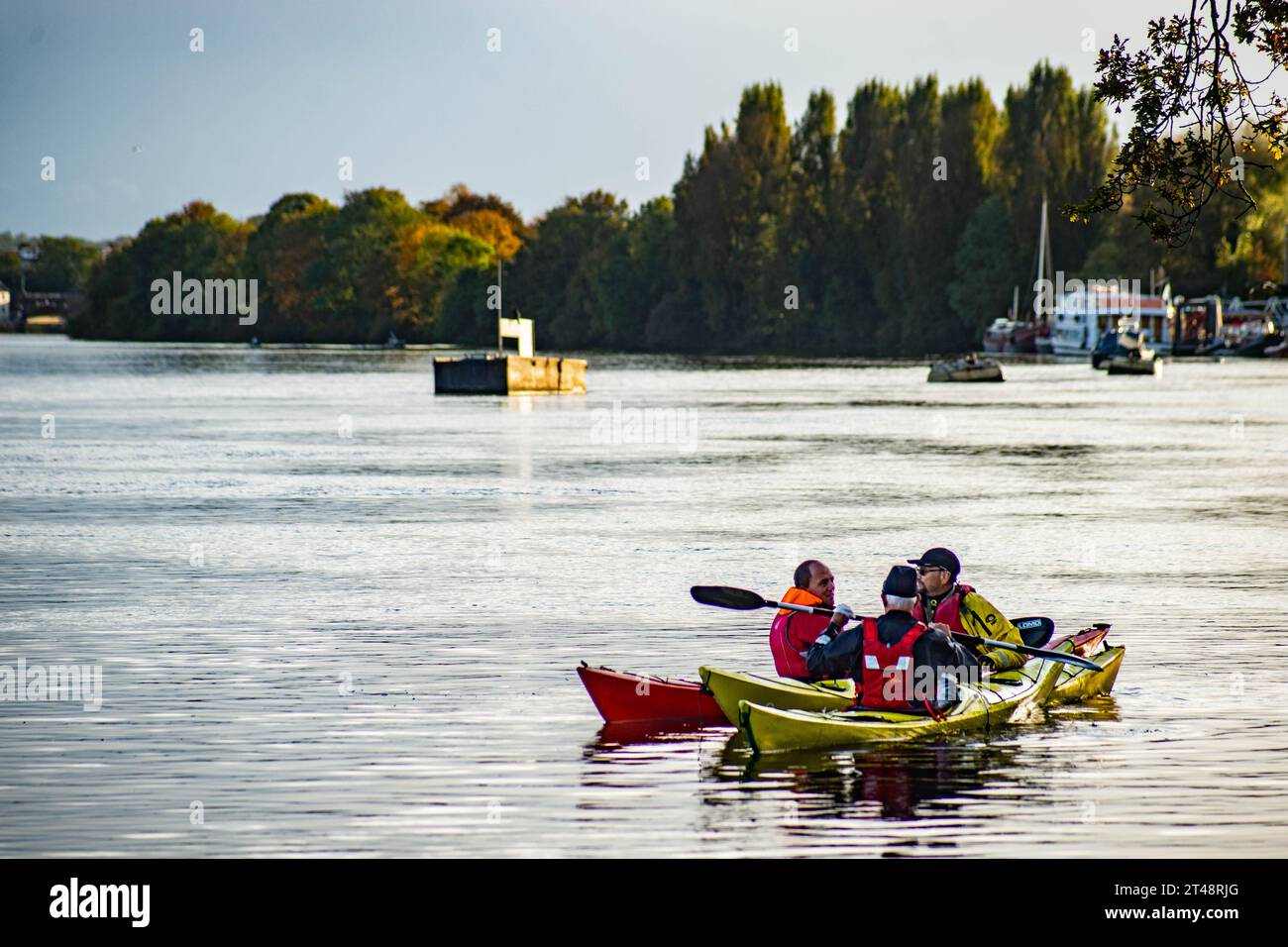 London, UK. 29th Oct, 2023. Canoeists and High Tide at Chiswick Mall ...