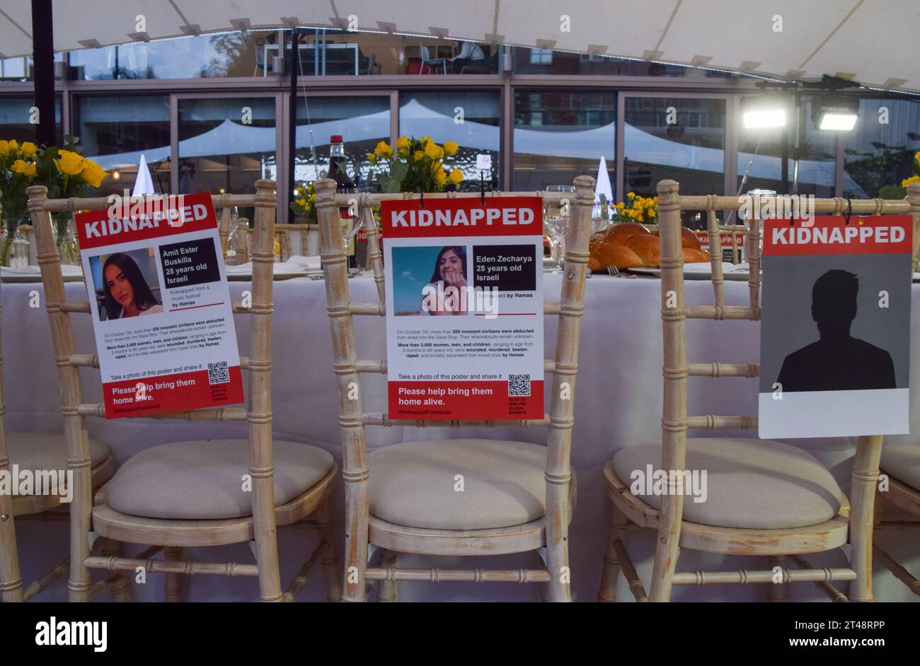 London, UK. 29th October 2023. The Empty Shabbat Table installation for ...