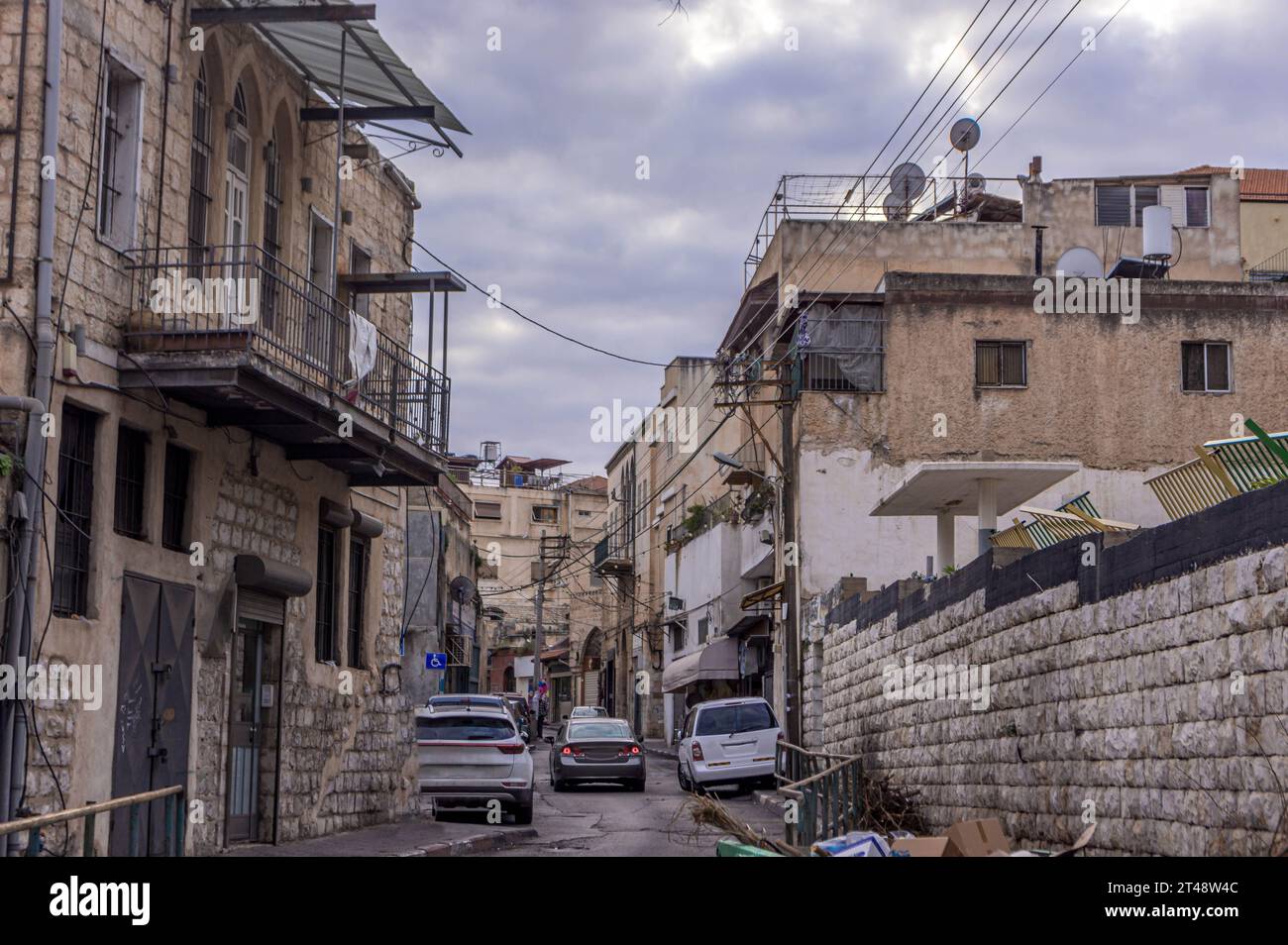 The narrow street at Muslim neighbourhood at Israeli town of Nazareth ...