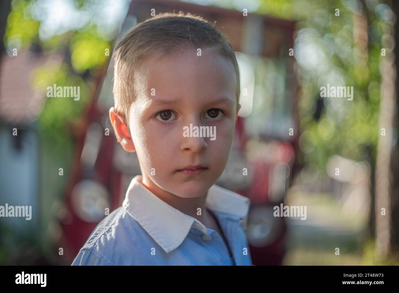 Cute little curious boy in green nature waiting for magic. Inquisitive ...