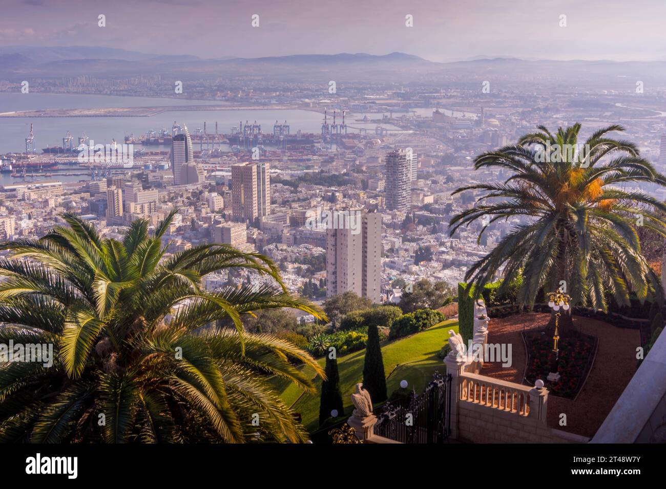 The scenic panoramic of Israeli city of Haifa between the palms of ...
