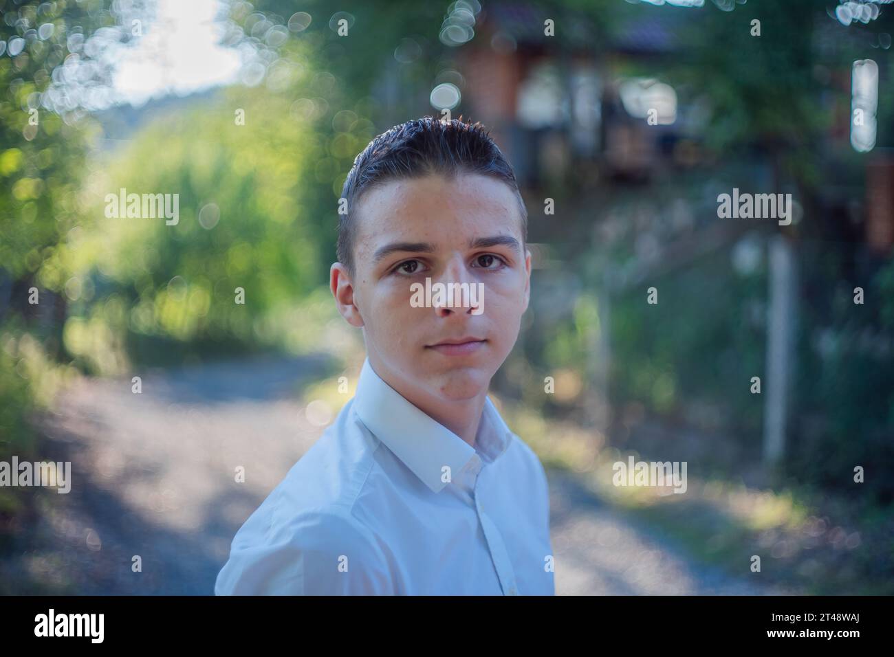 Cute little curious boy in green nature waiting for magic. Inquisitive ...